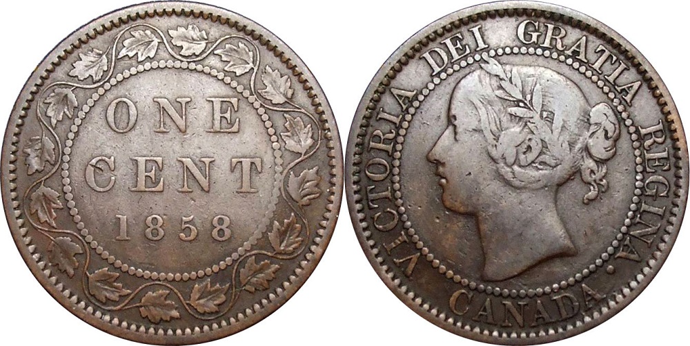 1-CENT - 1858 1-CENT ROTATED DIE 15° (EF) - 1858 CANADIAN COINS