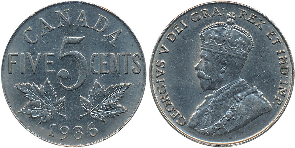 5-CENT - 1936 5-CENT FAR-S (AU-55) - 1936 CANADIAN COINS
