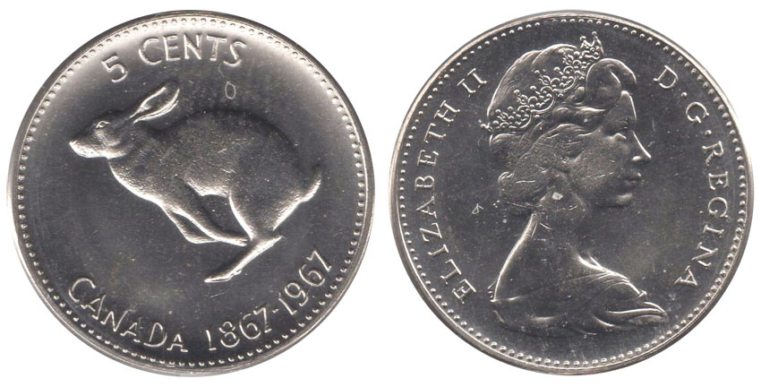 5-CENT - 1967 5-CENT ROTATED DIE 90° (BU) - 1967 CANADIAN COINS