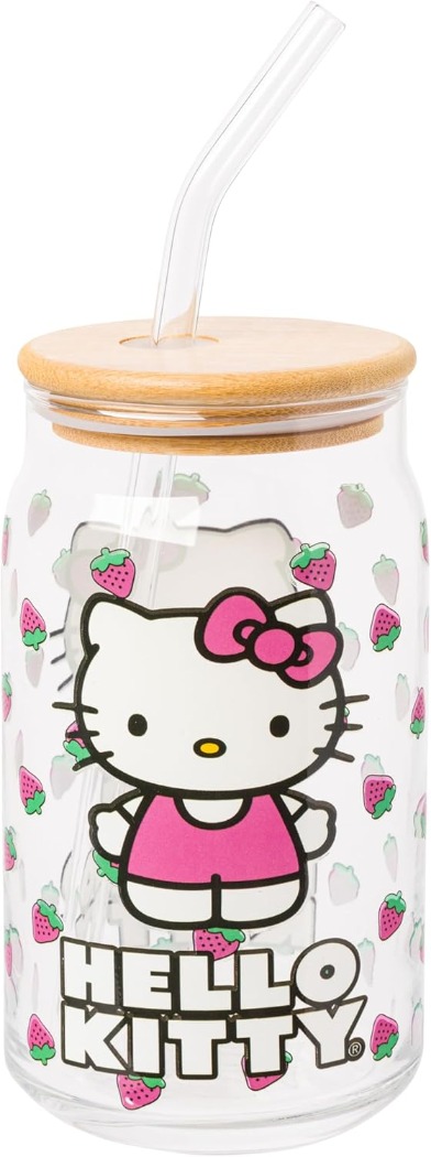 SANRIO - GLASS, STRAW WITH BAMBOO LID "STRAWBERRY" (2 X 16OZ) - HELLO KITTY
