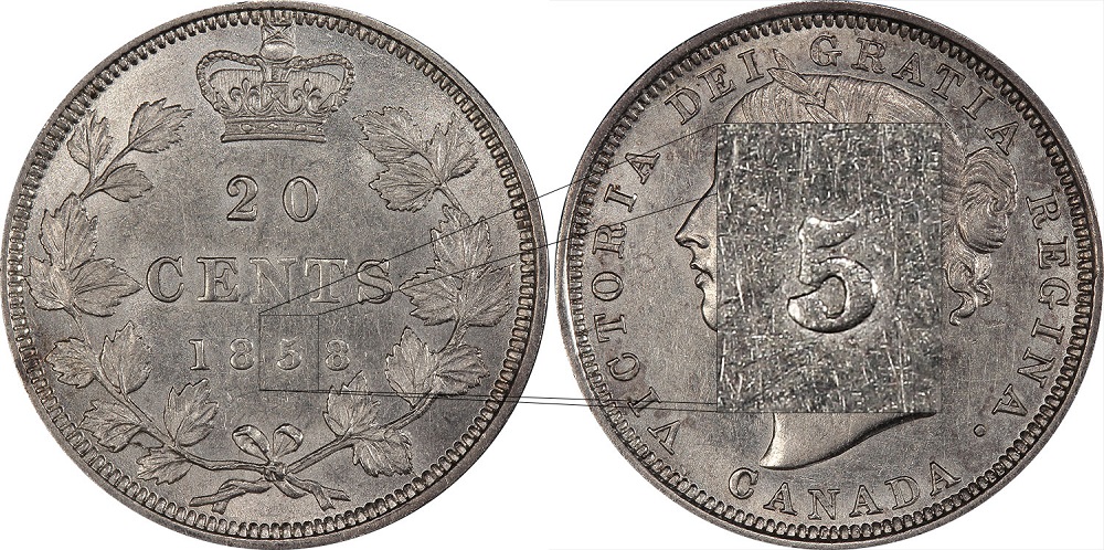 20 CENTS - 20 CENTS 1858 5-REGRAVÉ (VF-30) - 1858 CANADIAN COINS