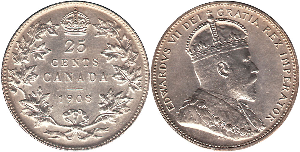 25-CENT - 1908 25-CENT (F) - 1908 CANADIAN COINS