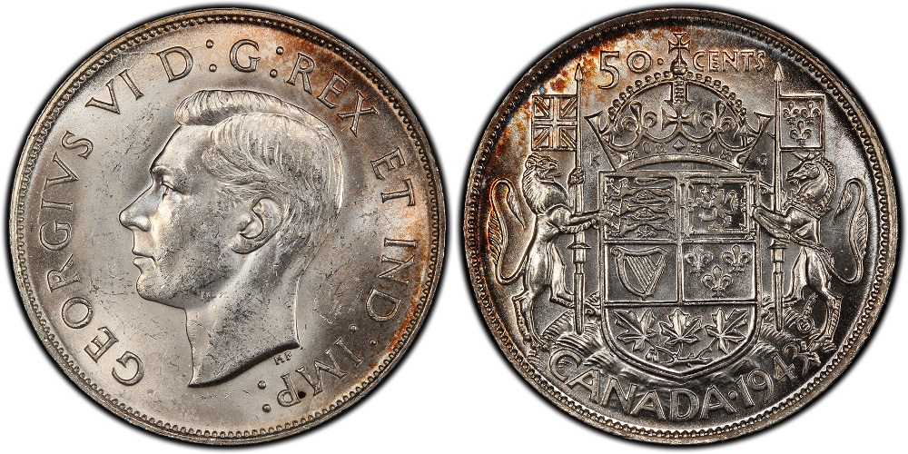 50-CENT - 1943 50-CENT WIDE DATE & 3/3 (AU) - 1943 CANADIAN COINS