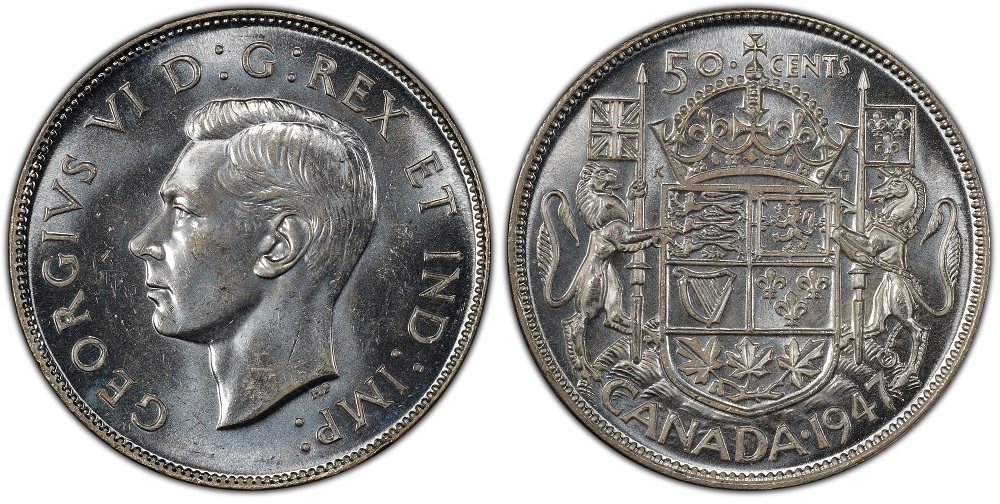 50-CENT - 1947 50-CENT WIDE DATE, CURVED-7 (VF) - 1947 CANADIAN COINS