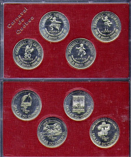 QUEBEC CARNIVAL - 1986 QUEBEC CARNIVAL 4-COIN SET / 15- CARNIVAL COINS