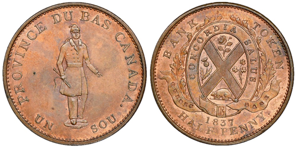 JETON DU BAS-CANADA - 1837 PROVINCE DU BAS CANADA HALF PENNY, ALIGNED ...