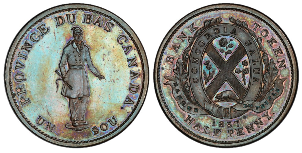 LOWER-CANADA TOKEN - 1837 PROVINCE DU BAS CANADA HALF PENNY, V PLUS BAS ...